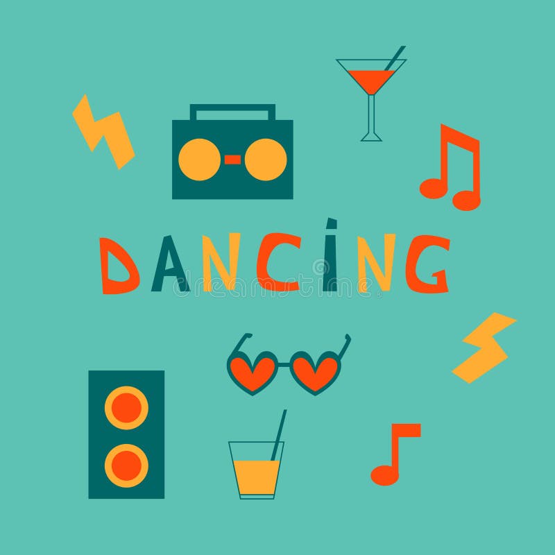 Set with Popular Sign of Dancing: Record Player, Glasses, Cocltails ...