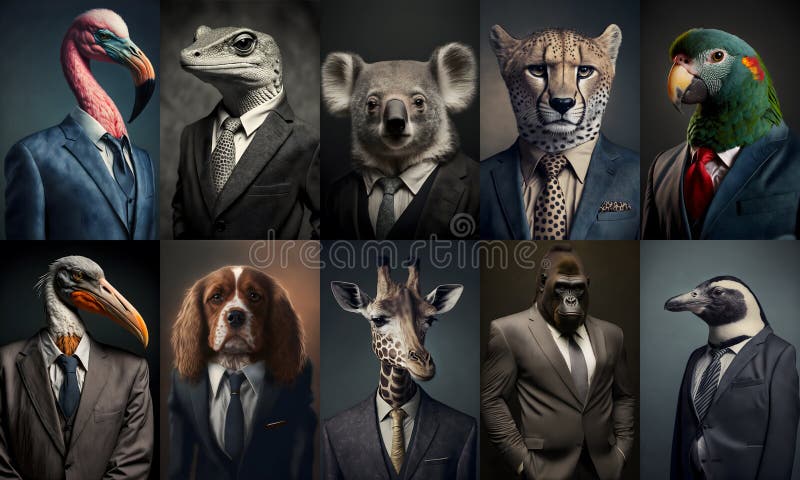 Set of Portraits with Animals in a Business Suits at the Studio Stock ...