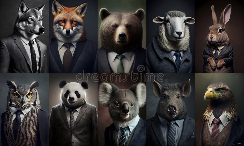Set of Portraits with Animals in a Business Suits at the Studio Stock ...