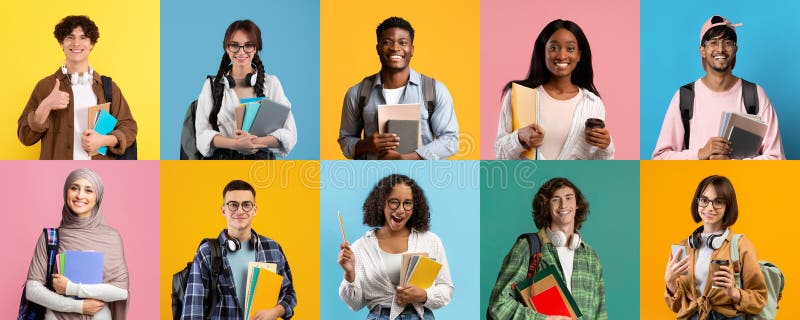 Set of Portraits of Successful Diverse Students, Collage Stock Image ...