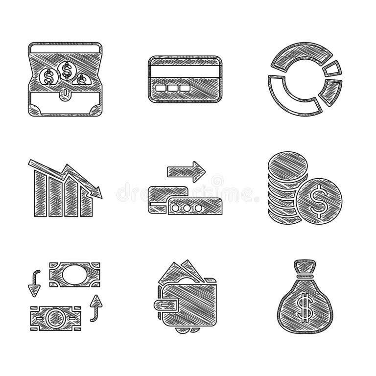 Set Pos Terminal, Wallet with Money, Money Bag, Coin Dollar, Exchange, Financial Growth Decrease ...