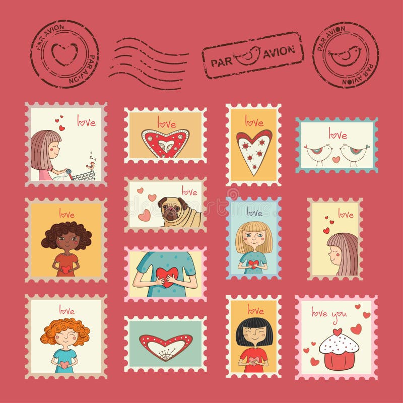 Set of post stamps stock vector. Illustration of valentine - 29157511