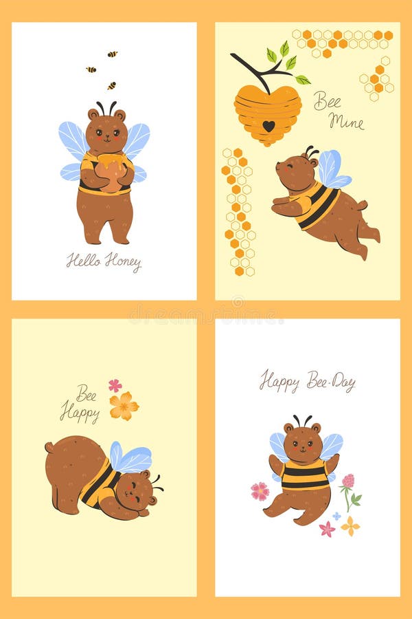 A Set of Postcards with Cute Bee Bears. Vector Graphics Stock Vector ...