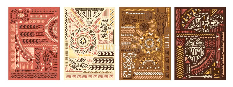 Set of Posters with Ancient Wall Arts, Tribal Patterns on Backgrounds ...
