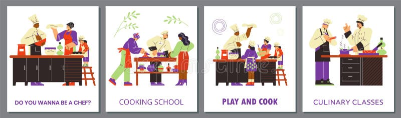 Set of Posters about Culinary Classes and Cooking School Flat Style ...