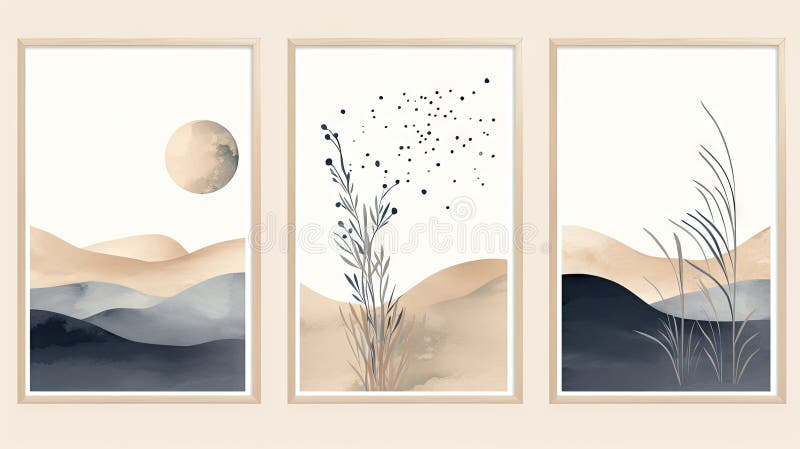 Set of Posters with Hand Drawn Landscape, Mountains, Grass and Moon ...