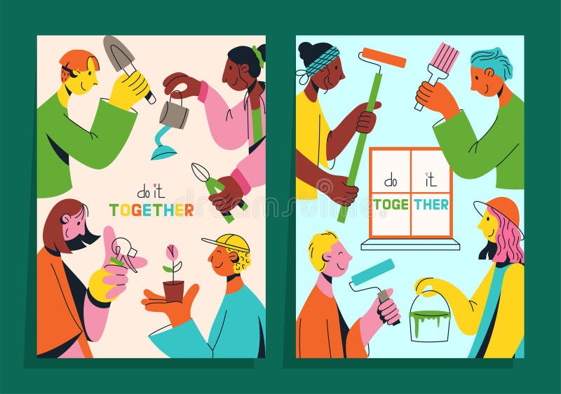 Set of Posters with Multicultural Team of Young People Flat Vector ...