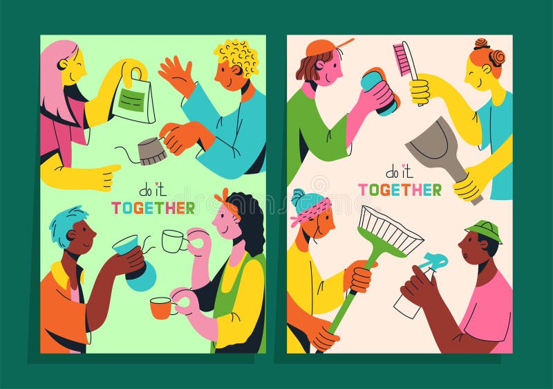 Set of Posters with Multicultural Team of Young People Flat Vector ...