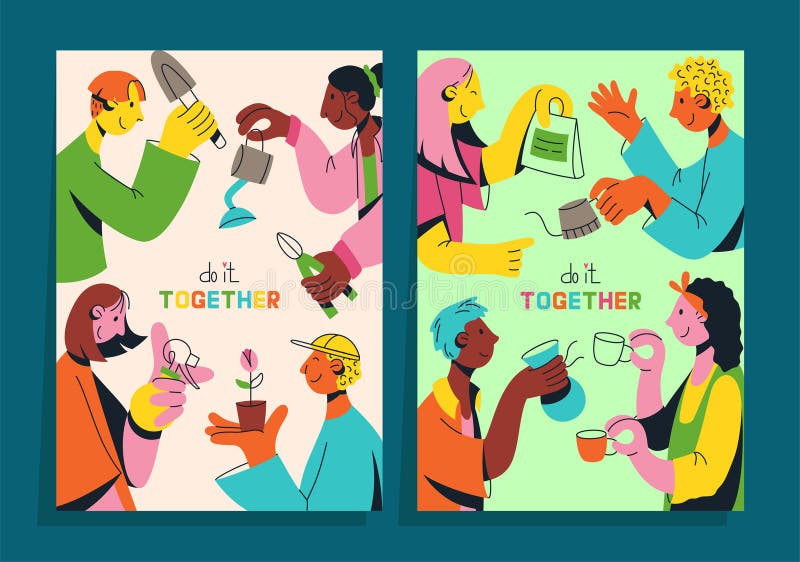 Set of Posters with Multicultural Team of Young People Flat Vector ...