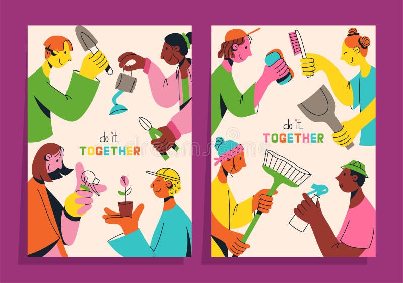 Set of Posters with Multicultural Team of Young People Flat Vector ...