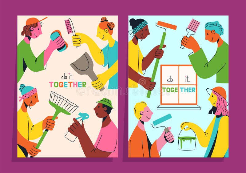 Set of Posters with Multicultural Team of Young People Flat Vector ...