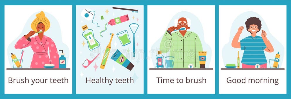 Set of Posters or Vertical Banners about People Brushing Teeth Flat ...