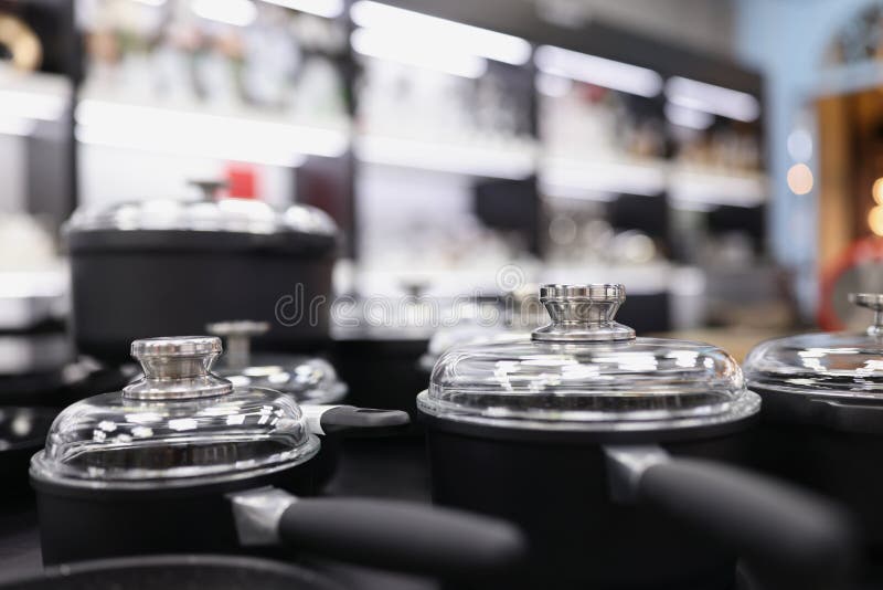 Set of Pots and Pans in Store Closeup Stock Photo - Image of quality ...