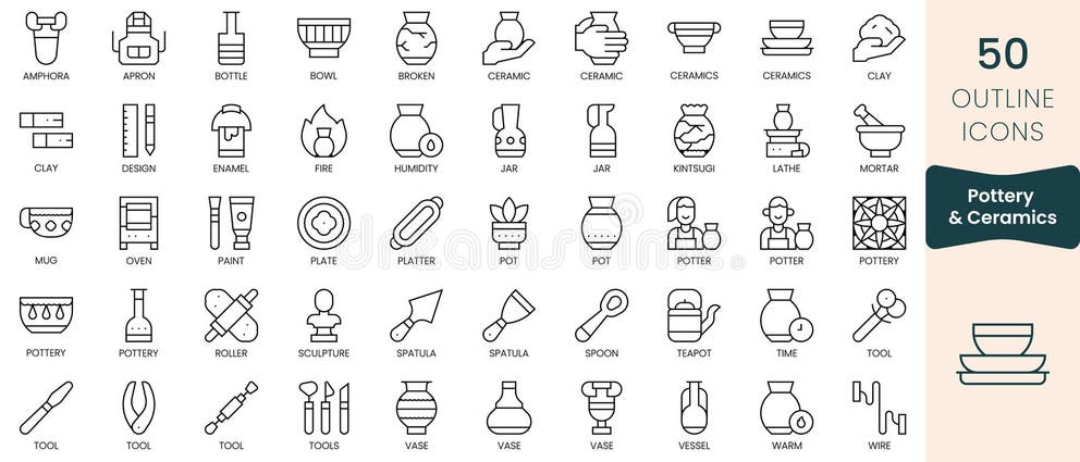 Set of Pottery and Ceramics Icons. Thin Linear Style Icons Pack Stock ...