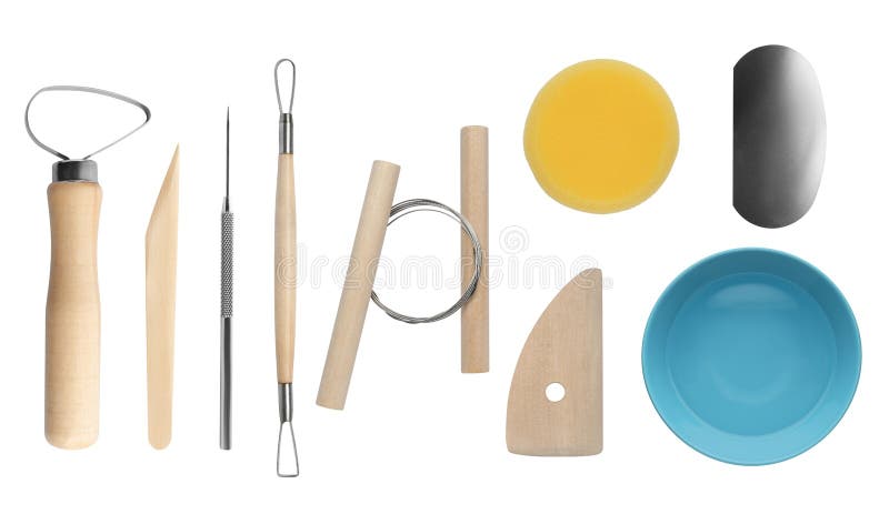 Set of Pottery Tools and Ceramic Bowl on White Background Stock Image ...