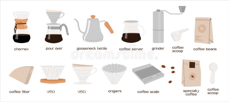 Set for Pour Over Drip Coffee Colored Flat Style Trendy Graphics ...