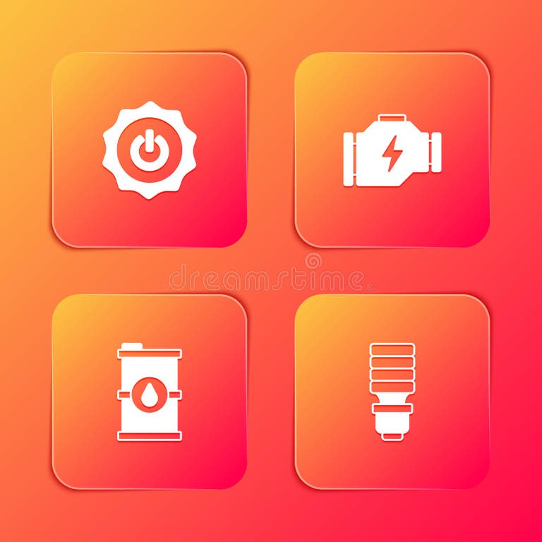 Set Power Button, Check Engine, Bio Fuel Barrel and LED Light Bulb Icon ...