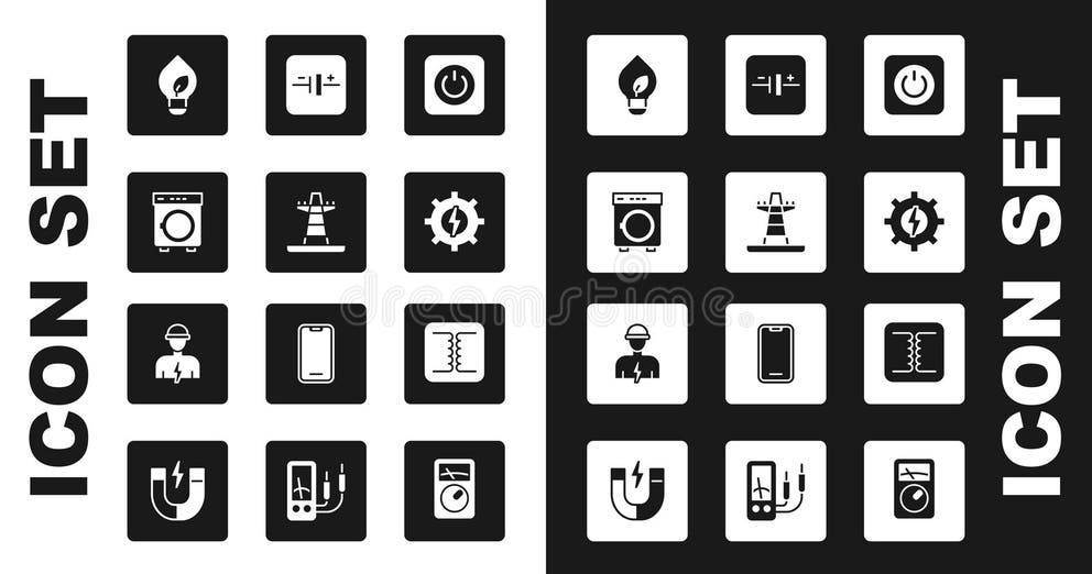 Set Power Button, Electric Tower Line, Washer, Light Bulb with Leaf ...