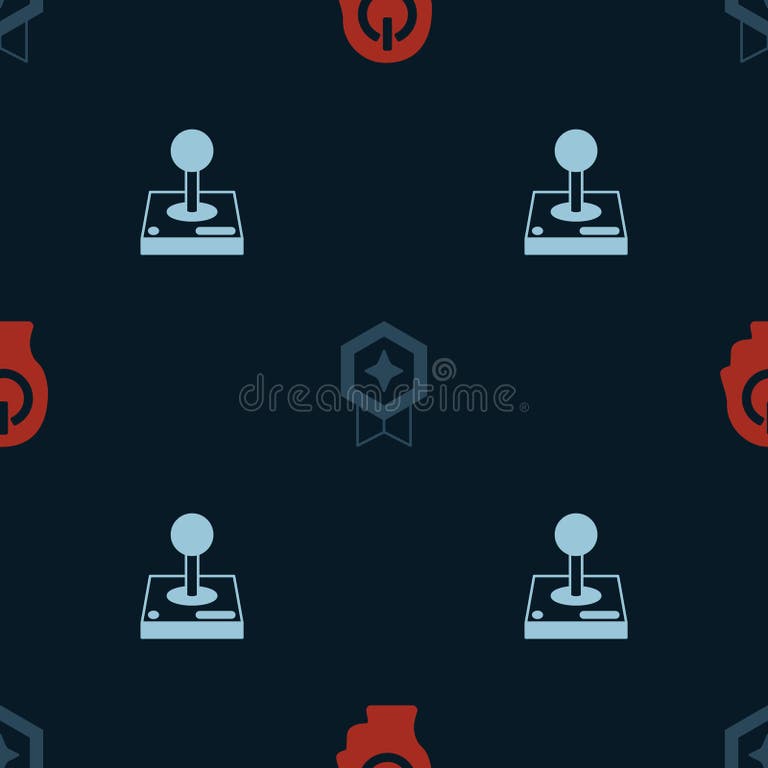 Set Power Button Game Rating With Medal And Joystick For Arcade Machine On Seamless Pattern