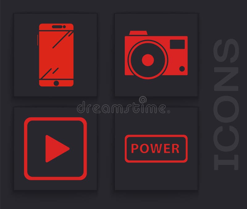 Set Power Button, Smartphone, Mobile Phone, Photo Camera and Play in ...