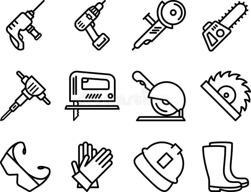 Set of Power Tool and Safety Equipment Linear Icons As an Editable ...