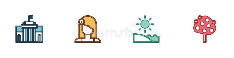 Set Prado Museum, Spanish Woman, Beach and Orange Tree Icon. Vector ...