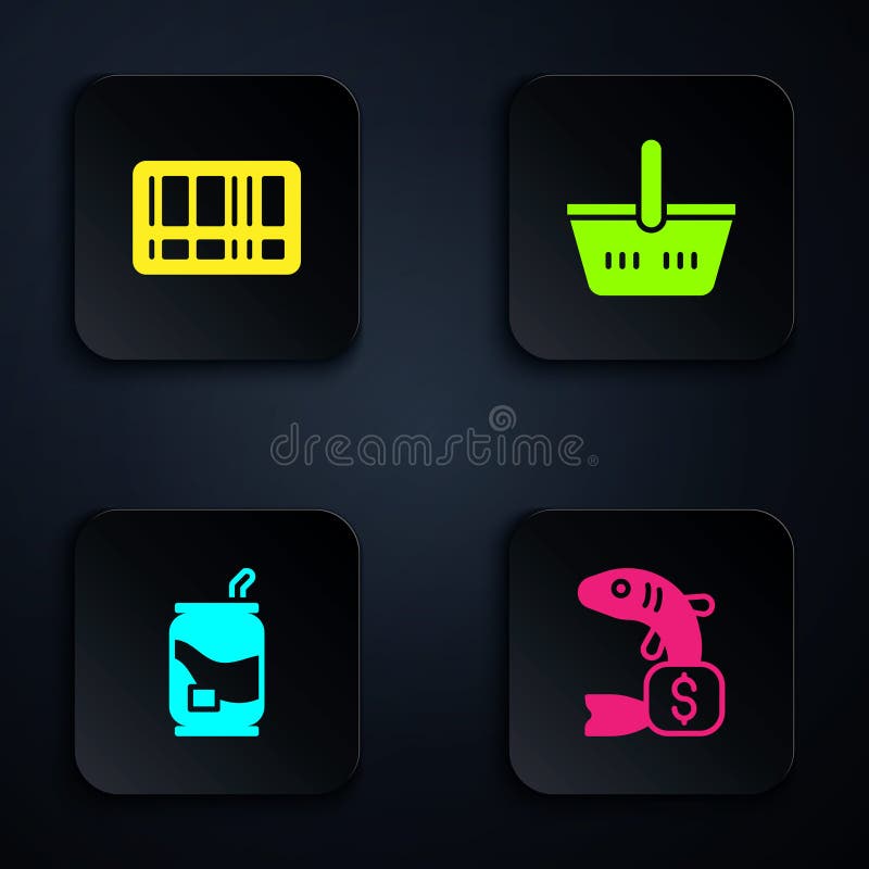 Set Price Tag for Fish, Barcode, Soda Can and Shopping Basket. Black ...