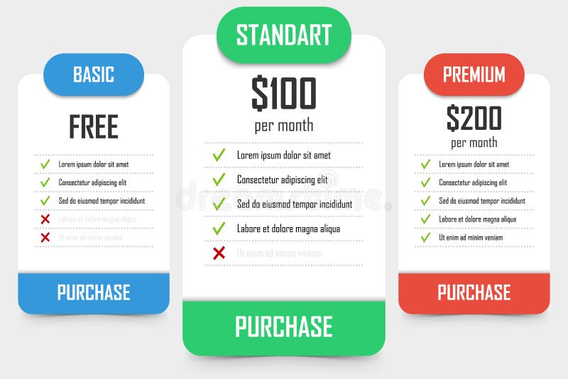 Set of Pricing Plans. Templates Table in Flat Design. Table Tariff ...