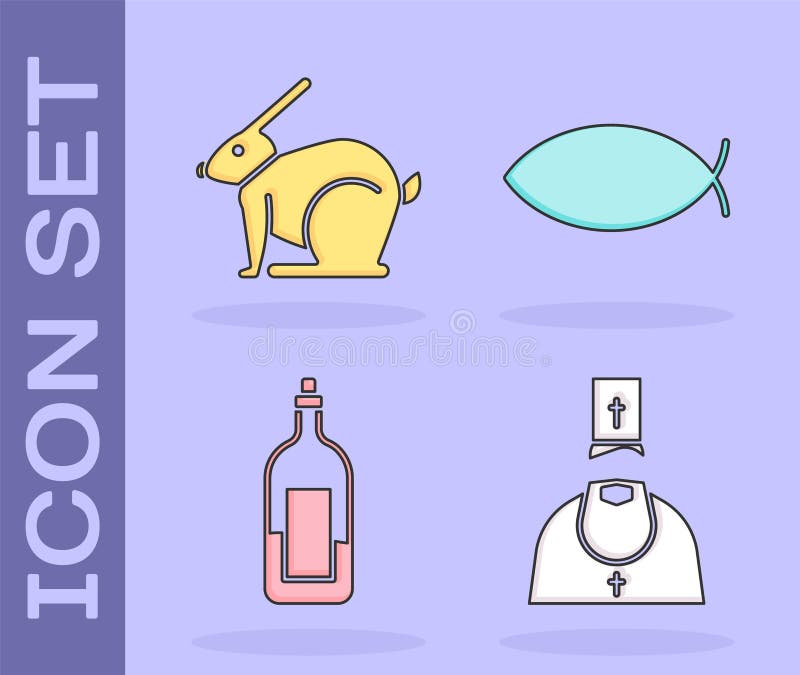 Set Priest, Easter Rabbit, Bottle of Wine and Christian Fish Icon ...