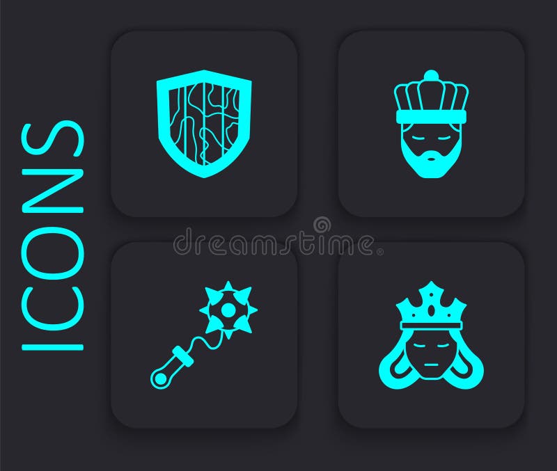 Set Princess or Queen, Shield, King with Crown and Mace Spikes Icon ...