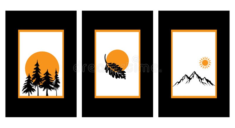 Set of 3 Printable Illustrations, Minimalist Pattern, Mountains, Leaves ...