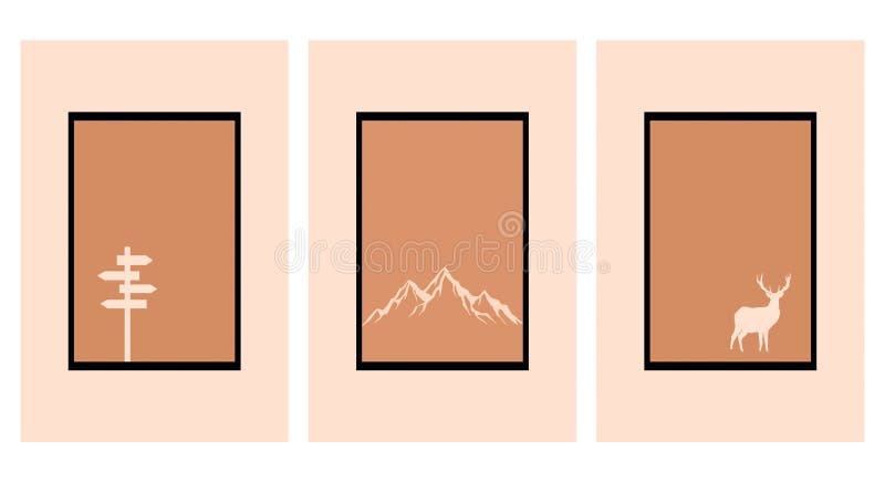 Set of 3 Printable Illustrations, Minimalist Pattern, Mountains, Leaves ...