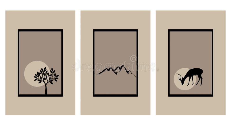 Set of 3 Printable Illustrations, Minimalist Pattern, Mountains, Leaves ...