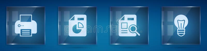 Set Printer, Document with Graph Chart, and Light Bulb. Square Glass ...