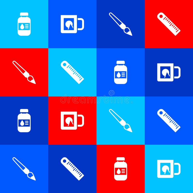 Set Printer Ink Bottle, Coffee Cup, Paint Brush and Ruler Icon. Vector ...