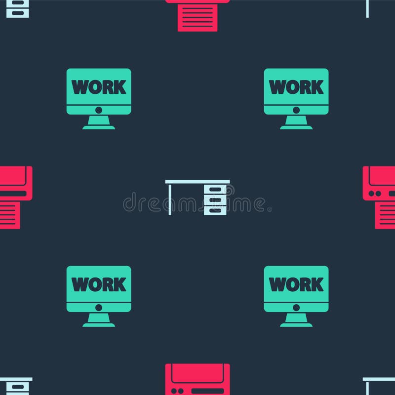 Set Printer, Office Desk and Monitor with Text Work on Seamless Pattern ...