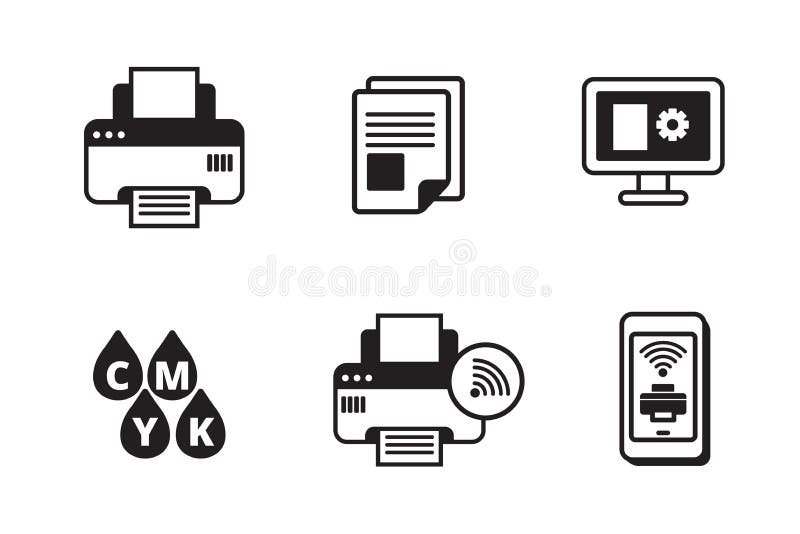 Set of Printer-related Icons with Black Glyph Style Stock Vector ...