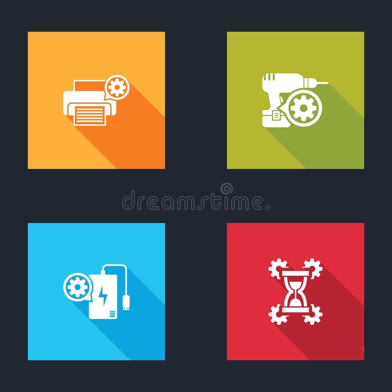 Set Printer Setting, Drill Machine, Power Bank and Hourglass Icon ...