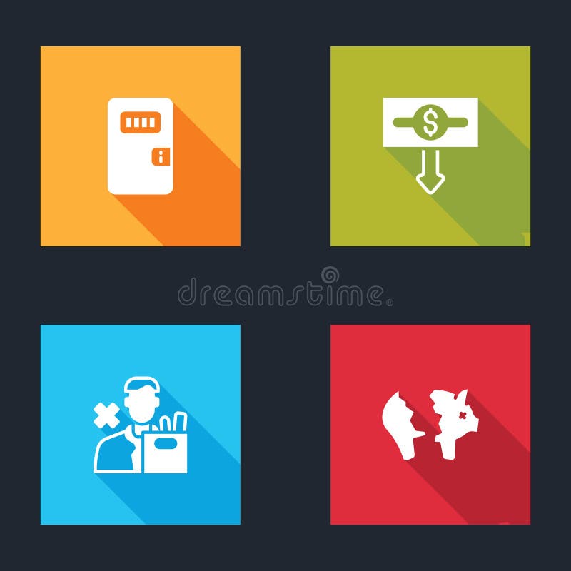 Set Prison Cell Door, Dollar Rate Decrease, Employee Dismissal and Broken Piggy Bank Icon ...