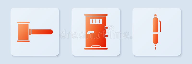 Set Prison Cell Door, Judge Gavel and Pen. White Square Button Stock ...