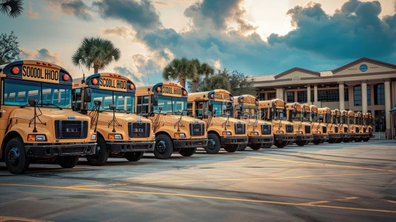 A Set of Pristine School Buses Parked in a Row Outside the School ...