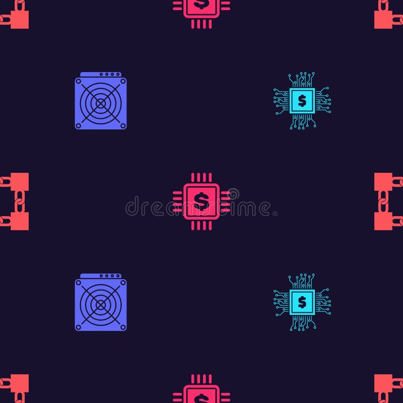 Set Processor Chip with Dollar, ASIC Miner, and Blockchain Technology on Seamless Pattern ...