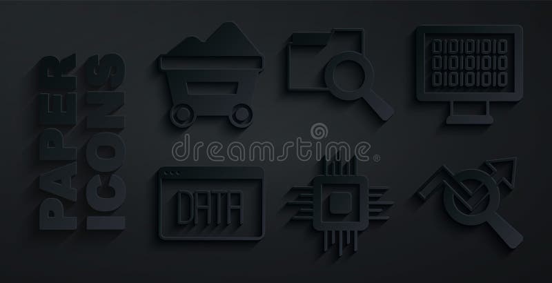 Set Processor CPU, Binary Code, Data Analysis, Search Data, with Folder and Coal Mine Trolley ...