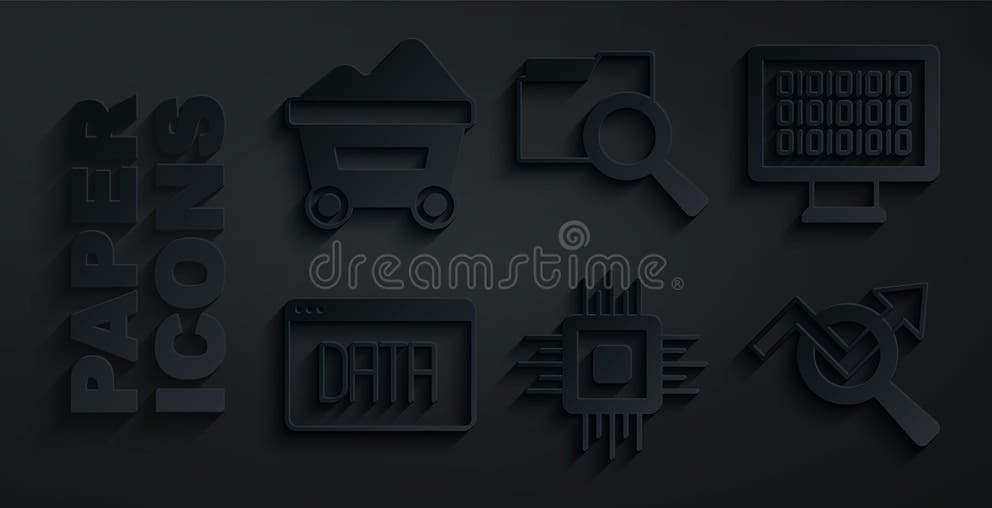Set Processor CPU, Binary Code, Data Analysis, Search Data, with Folder and Coal Mine Trolley ...