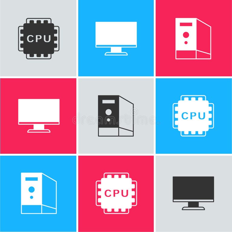 Set Processor with CPU, Computer Monitor Screen and Case of Computer Icon. Vector Stock Vector ...