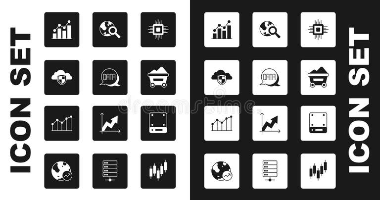 Set Processor CPU, Data Analysis, Cloud and Shield, Pie Chart Infographic, Coal Mine Trolley ...