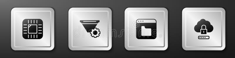 Set Processor with CPU, Filter Setting, Browser Files and Cloud Computing Lock Icon. Silver ...