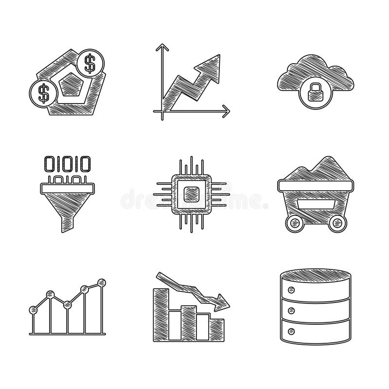 Set Processor CPU, Financial Growth Decrease, Server, Coal Mine Trolley, Pie Chart Infographic ...