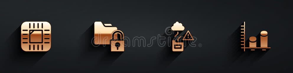 Set Processor with CPU, Folder and Lock, Cloud Technology Data Transfer and Data Analysis Icon ...