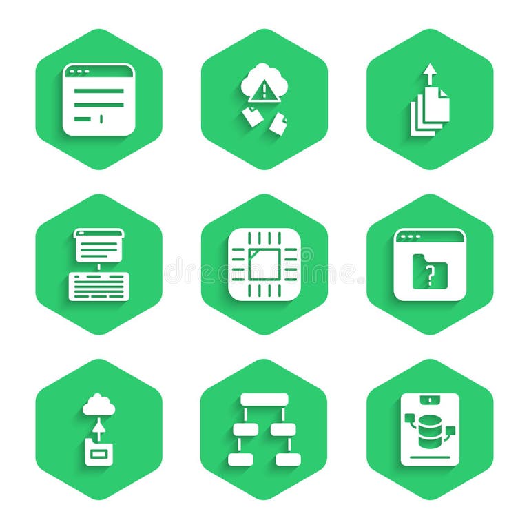 Set Processor with CPU, Hierarchy Organogram Chart, Server, Data, Web Hosting, File Missing ...